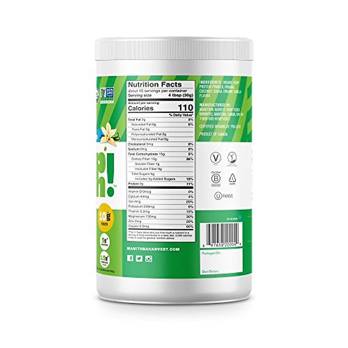 Manitoba Harvest Hemp Yeah! Organic Max Fiber Protein Powder, Vanilla, 16oz; with 10g of Fiber, 9g Protein and 1.9g Omegas 3&6 per Serving, Preservative Free, Non-GMO