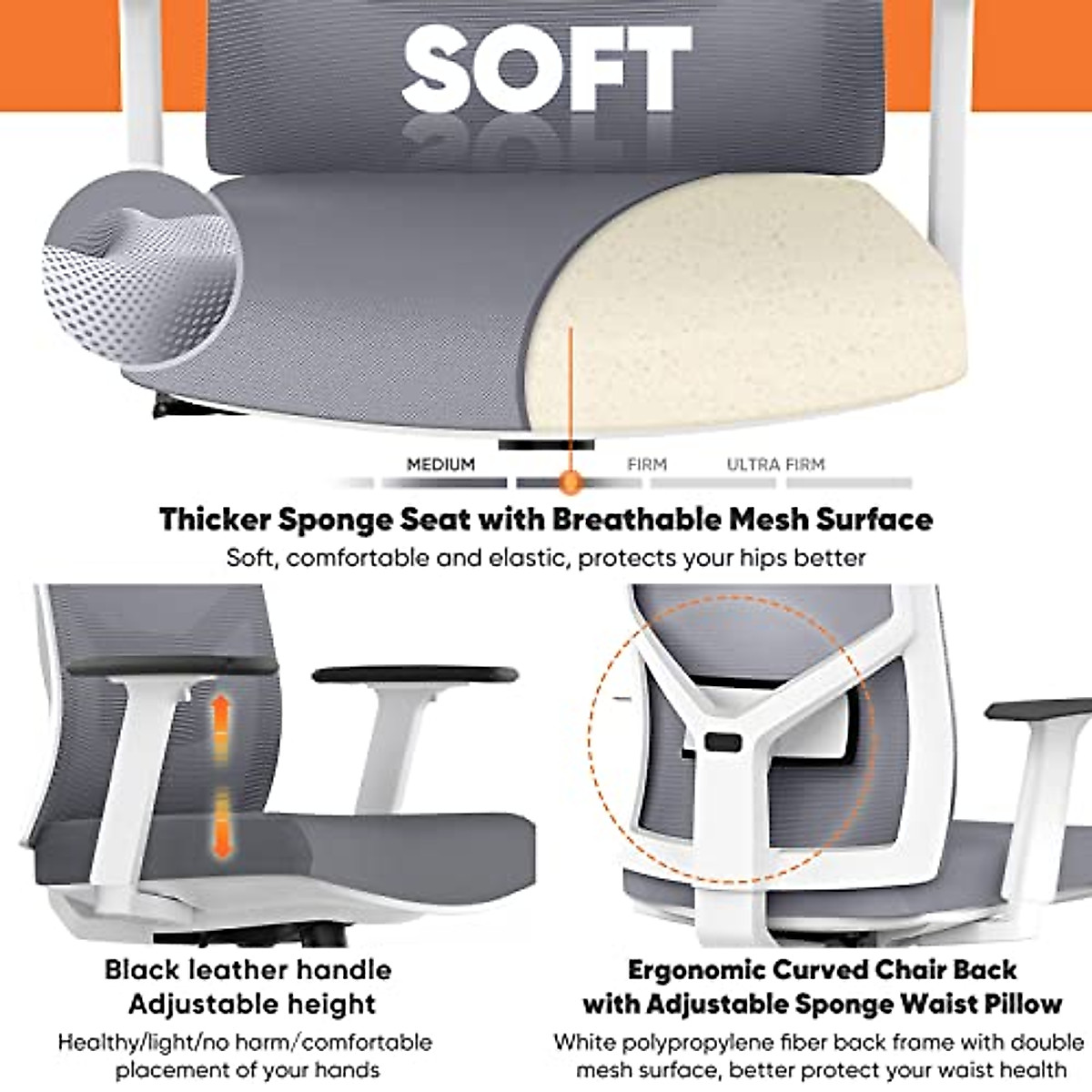 Season wind Ergonomic Office Chair, Mesh Home Office Desk Chairs Big and Tall Computer Chair Swivel Executive Chair with Wheels Heavy People Adjustable Armrest High Back Lumbar Support Headrest Grey