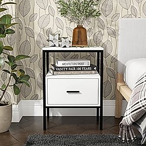 RAAMZO 2-Tier Nightstand End Table Side Table for Bedroom Bedside with 1-Drawer and Open Shelf, White and Black, 26" H