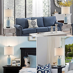 Cinkeda Ceramic Table Lamps for Bedroom Set of 2,Touch Lamp with USB Ports for Nightstand, 3-Way Dimmable Blue Coastal Bedside Lamps for Bedroom Living Room End Table Side Table(Bulbs Included)