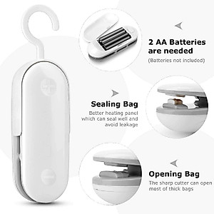 Mini Bag Sealer, Portable Sealing Bags Machine, Handheld Heat Food Vacuum Sealer Machine with Cutter and Hook for Snack, Plastic Bags, Storage, Potato Chip Cookie Bags (White)
