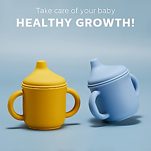 2 Pieces Silicone Sippy Cup Training Cup for Baby 6 months+ Soft Baby Cup with Straw Spill Proof Sippy Cups for Toddlers with Handles and Spout Lid Easy Grip 5oz (Light Pink, Khaki, Cute Style)