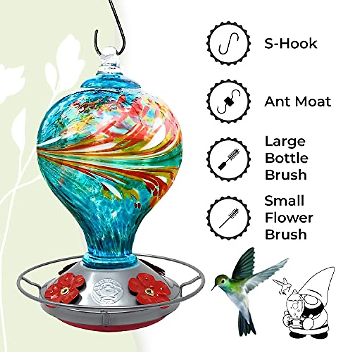 Hummingbird Feeder by Grateful Gnome - Large Hand Blown Stained Glass Feeder for Garden, Patio, Outdoors, Window with Accessories S-Hook, Ant Moat, Brush - 36fl oz, Large Blue Egg Design