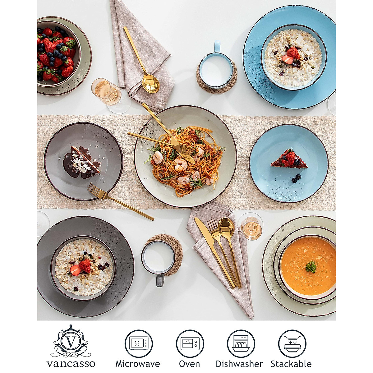 vancasso Navia Ceramic Dinnerware Set, 48 pieces Stoneware Spray Spot Patterned Service Dish with Dinner Plates, Salad Plates, Bowls, Mugs - Multi