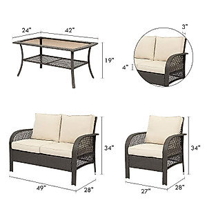 Solaste 4 Pieces Patio Furniture Sets,Patio Conversation Sofa Wicker Chair with Cushion,All-Weather Rattan Sofa for Porch Backyard Outside Garden Lawn Yard,Beige Cushion