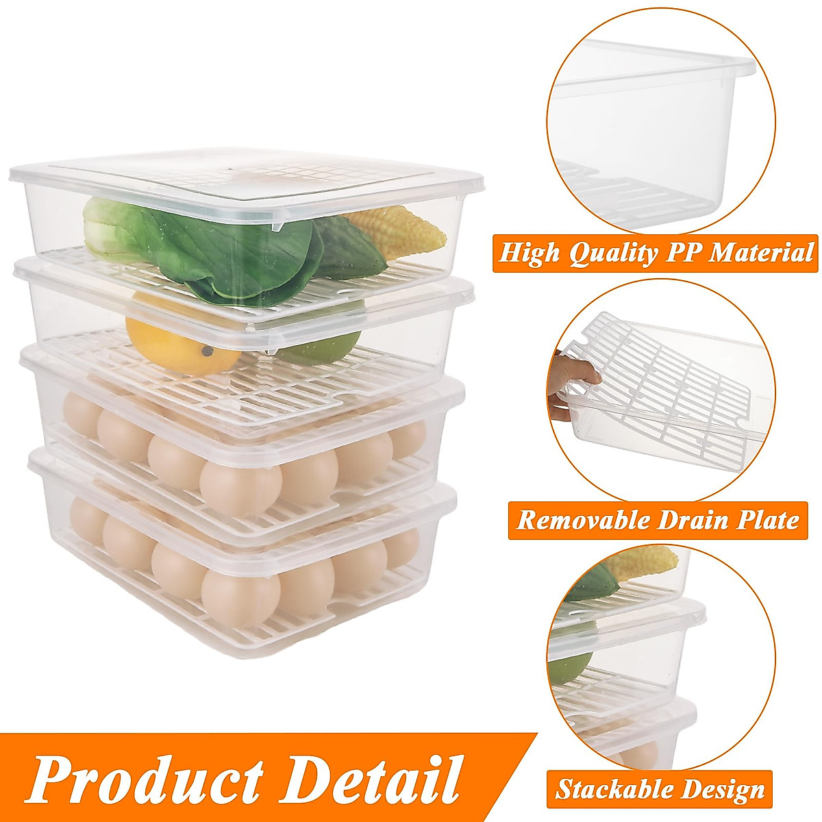 MUXHEL 8 Pcs Food Storage Container for Fridge, X-Large Fruit Storage Containers for Fridge with Lid and Removable Drain Plate, Plastic Freezer Storage Containers for Storing Fruits, Vegetables, Meat