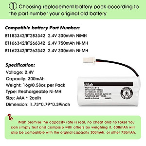 iMah BT162342 BT262342 BT183342 BT283342 Cordless Phone Batteries Compatible with VTech CS6114 CS6419 CS6719 AT&T EL5210 EL52300 EL52400 CL81101 CL80111 Handset Telephone, 2-Pack