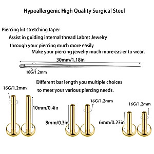 Yjbglrygf 16G Monroe Lip Piercing Jewelry Labret Studs Tragus Hoop Earrings Internally Threaded Lip Stud Nose Piercing Stud Flat Back Opal Zircon Helix Earring Studs(16G*8mm, gold)