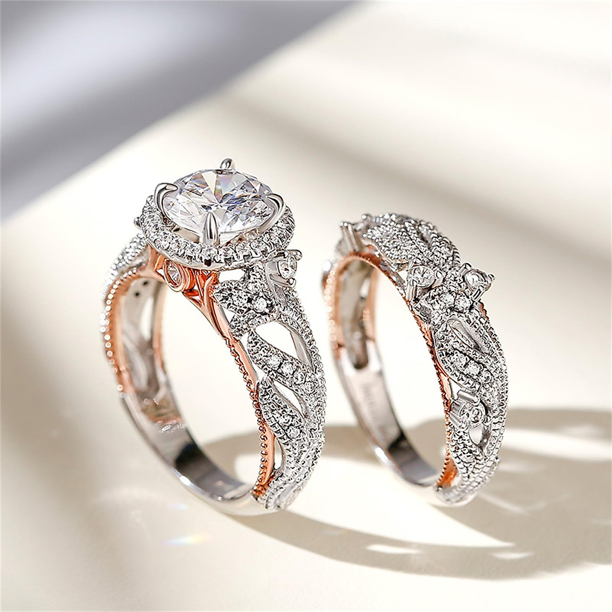 Jeulia 4 Carat Leaf Rings for Women 925 Sterling Silver 18 K Rose Gold Plated Round Cut Engagement Ring Set White Diamond Halo Cubic Zirconia Wedding band CZ Solitaire Anniversary Promise Rings (6.5)