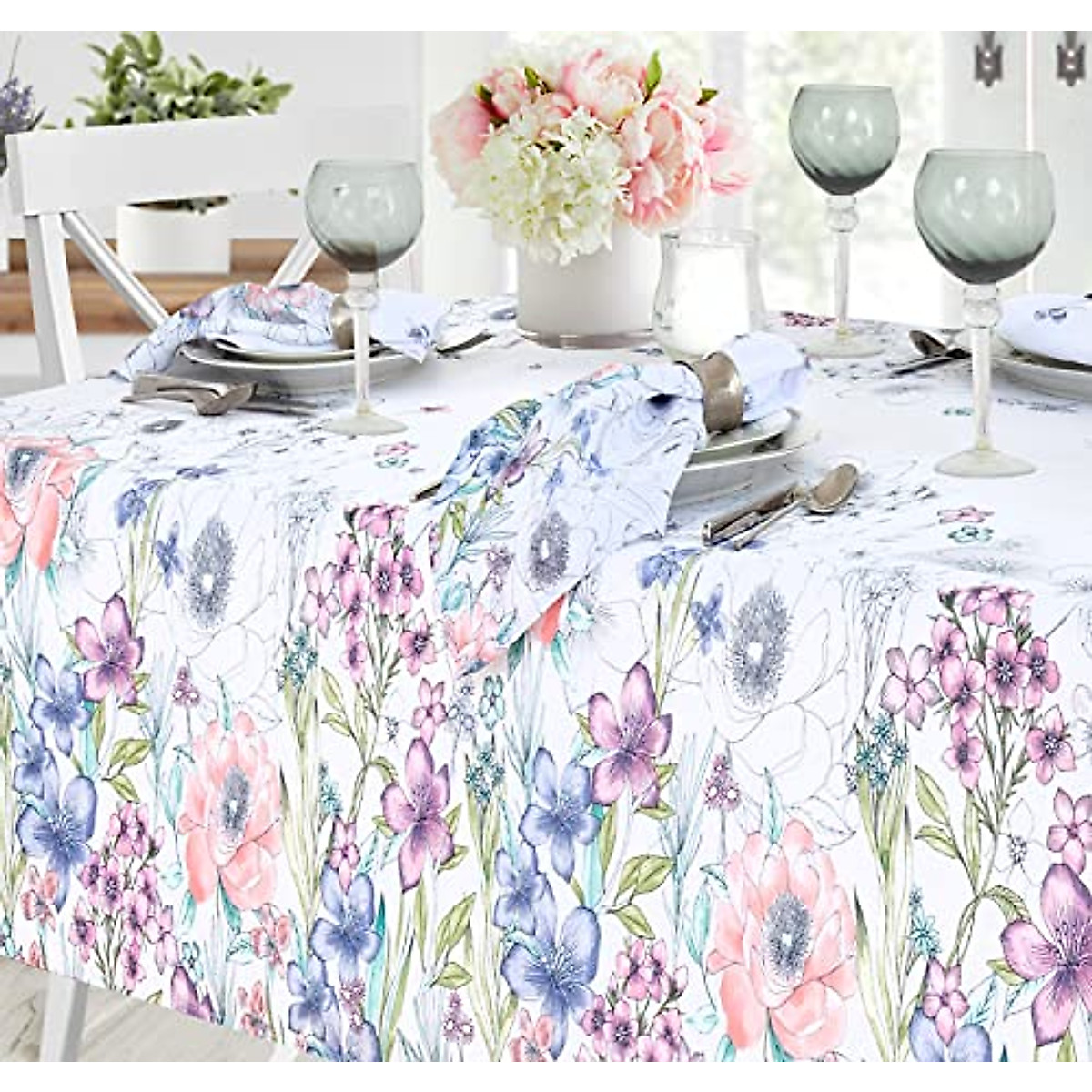 Newbridge Garden Breeze Easter Bordered Fabric Tablecloth - Sweet Pastel Spring Floral Easy Care Stain Resistant Fabric Tablecloth, 60” x 84” Oval