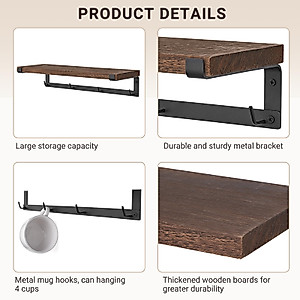 Dahey Mug Holder Wall Mounted Mug Rack with Hooks, Set of 2, Storage Rustic Floating Shelf Coffee Bar Accessories Wood Coffee Cup Hanger for Organizing Cooking Utensil Home Kitchen Decor, Brown