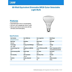 Feit Electric BR30 LED Light Bulb, 65W Equivalent, Dimmable, Color Selectable 6-Way, E26 Medium Base, 90 CRI, 650 Lumens, Damp Rated Recessed Lighting Bulb, 22-Year Lifetime, BR30DM/6WYCA/2, 2 Pack
