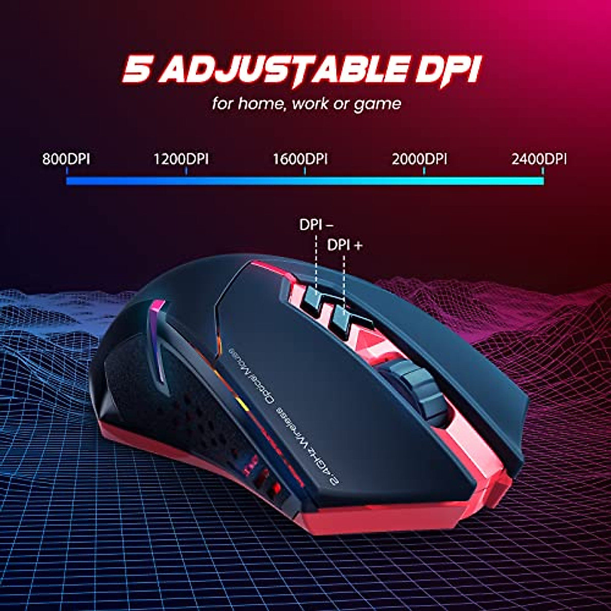 T-DAGGER Wireless Gaming Mouse- USB Cordless PC Accessories Computer Mice with Red LED Backlit, Ergonomic Gamer Laptop Mouse with 7 Silent Buttons, 5 Adjustable DPI Plug & Play for PC