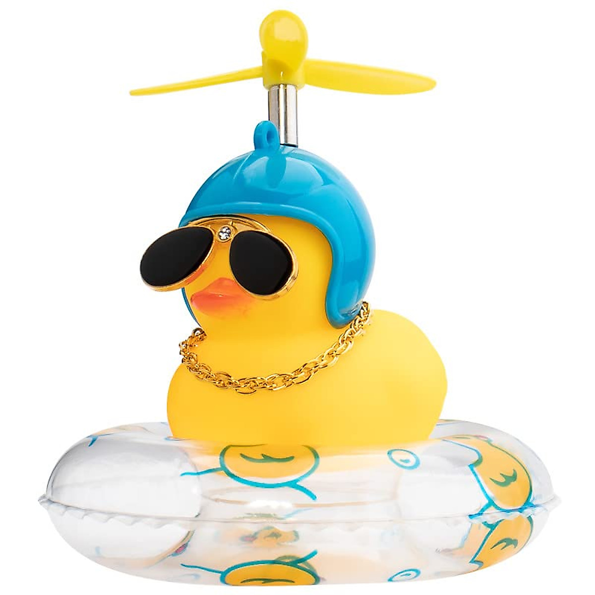 wonuu Rubber Duck Car Ornaments Yellow Duck Car Dashboard Decorations with Propeller Helmet Swim Ring Necklace and Sunglasses, Blue