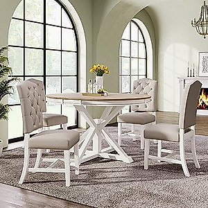 Dinehome 5-Piece Retro Style Extendable Round Dining Table Set with 4 Upholstered Chairs, Oak Natural Wood + Off White