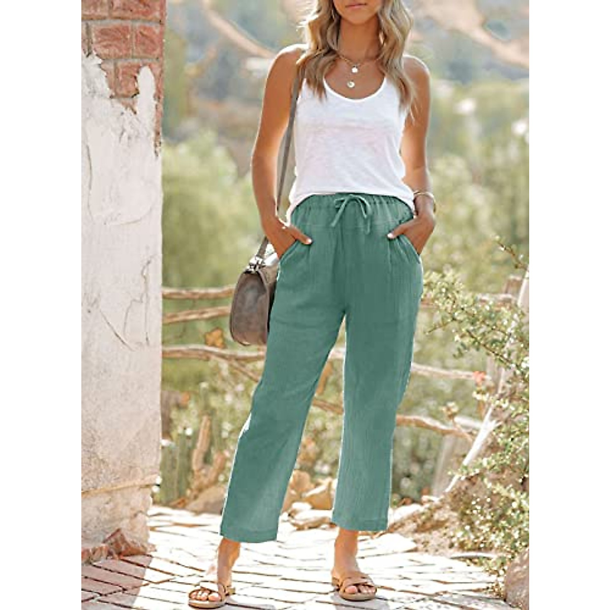 Dokotoo 2023 Fashion Spring Summer Wide Leg Work Linen Pants for Women Ladies Solid High Drawstring Waist Jogging Jogger Beach Pants with Side Pockets Green XL