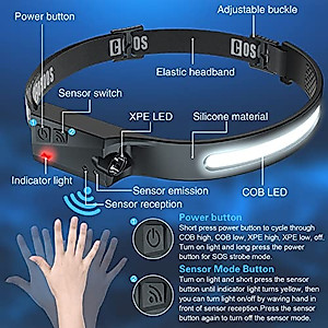 COSOOS 2 Rechargeable Headlamps, Bright LED Headlamp Flashlight, 1000 Lumen 230° Wide Beam & Spotlight, Sensor Mode, 2.4oz Lightweight Head Lamp with Clips for Hardhat, Camping, Running, Hiking