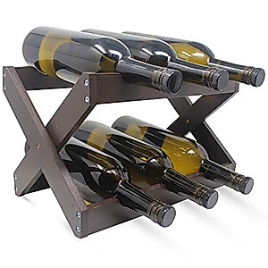 Hivory Small Wine Rack Countertop ~ 6 Bottle Wine Holder Stand ~ Foldable Bamboo Wine Storage Rack for Kitchen, Bar, Cabinets (Brown, 1)