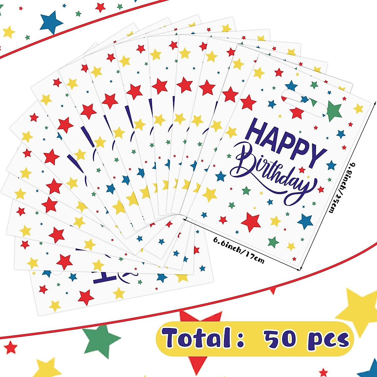 Hxezoc 50 Pieces Birthday Candy Bags Happy Birthday Goodie Bag Plastic Treat Bags Gift Wrap with Handles Favor Bags For Birthday Party Decoration Supplies (White)