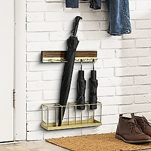 MyGift Wall Mounted Brass Metal Entryway Umbrella Holder and Key Rack Organizer with Solid Wood Accent Backing, 2 Piece Set
