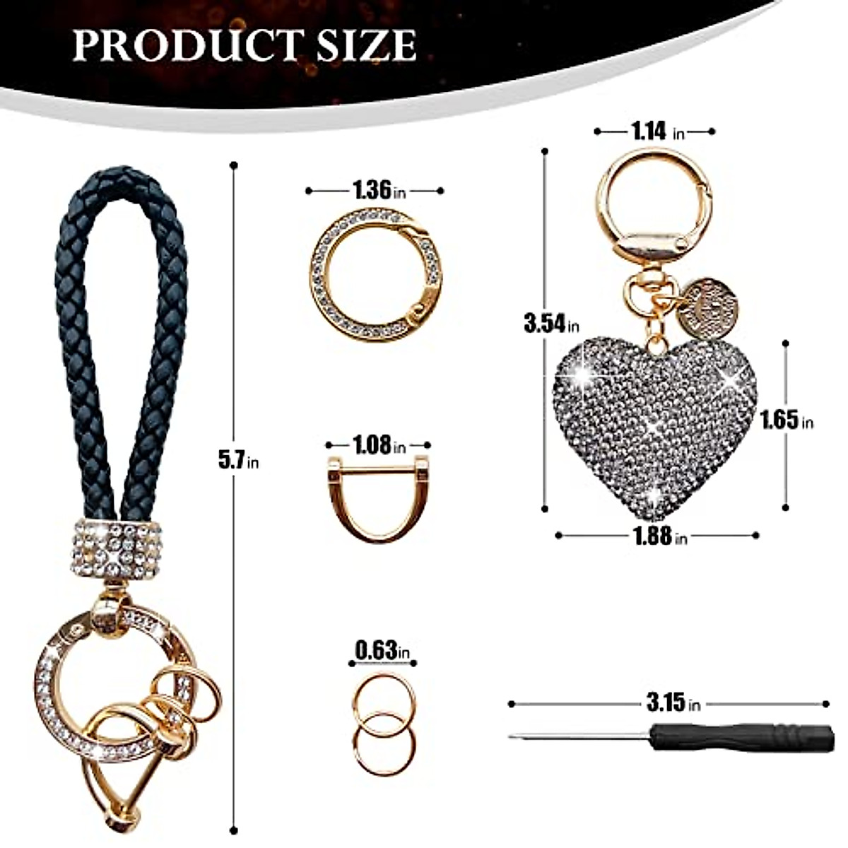 Crystal Car Keychain for Women with Bling Rhinestone Heart Shape Keychains Pendant Cute Keychain, Black Bling Heart Pretty Car key Chain Accessories for Women and Girls Gifts
