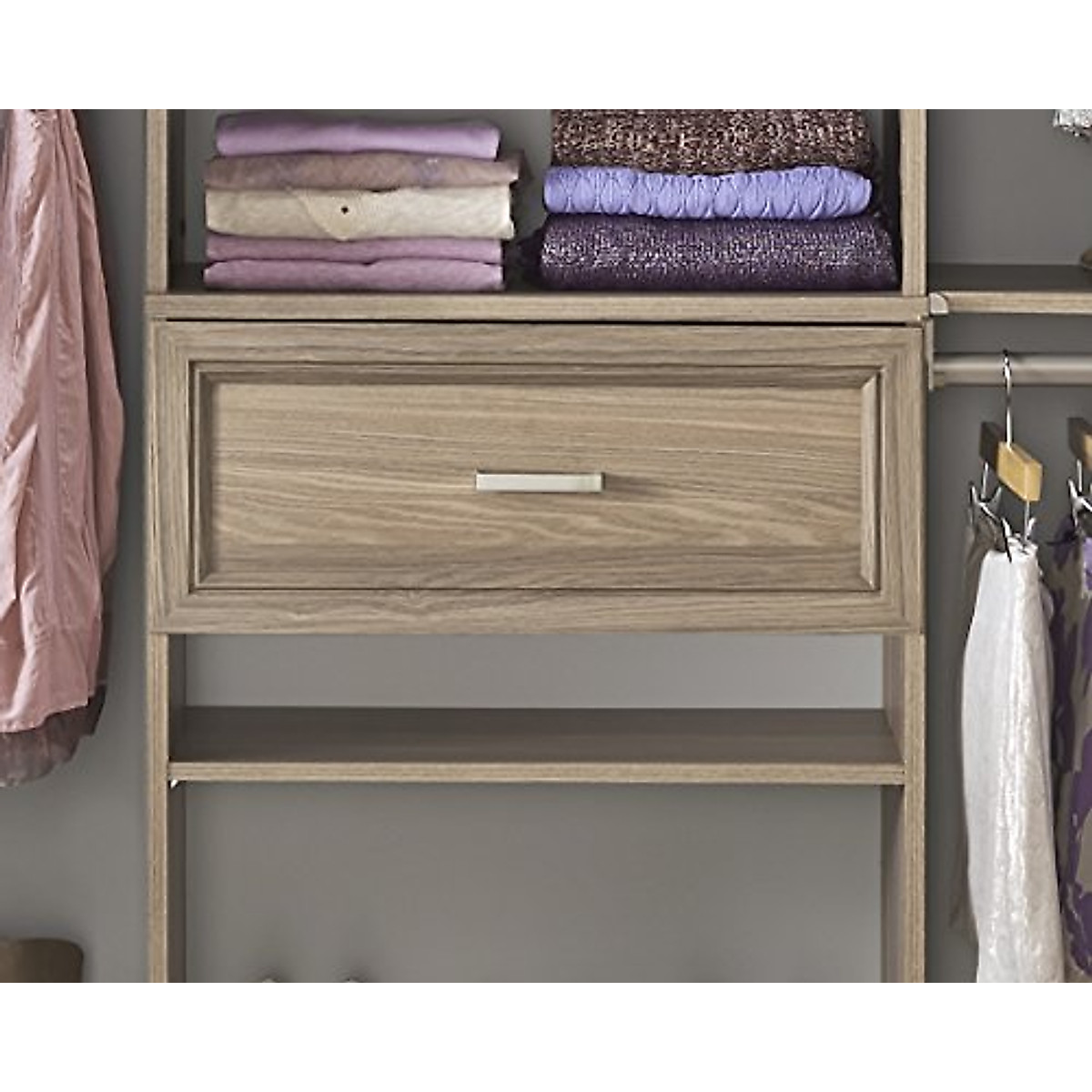 ClosetMaid SuiteSymphony Wood Drawer, Add On Accessory Shaker Style, for Storage, Closet, Clothes, x 10” Size for 25 in. Units, Natural Gray/Satin Nickel, 25" X 10"