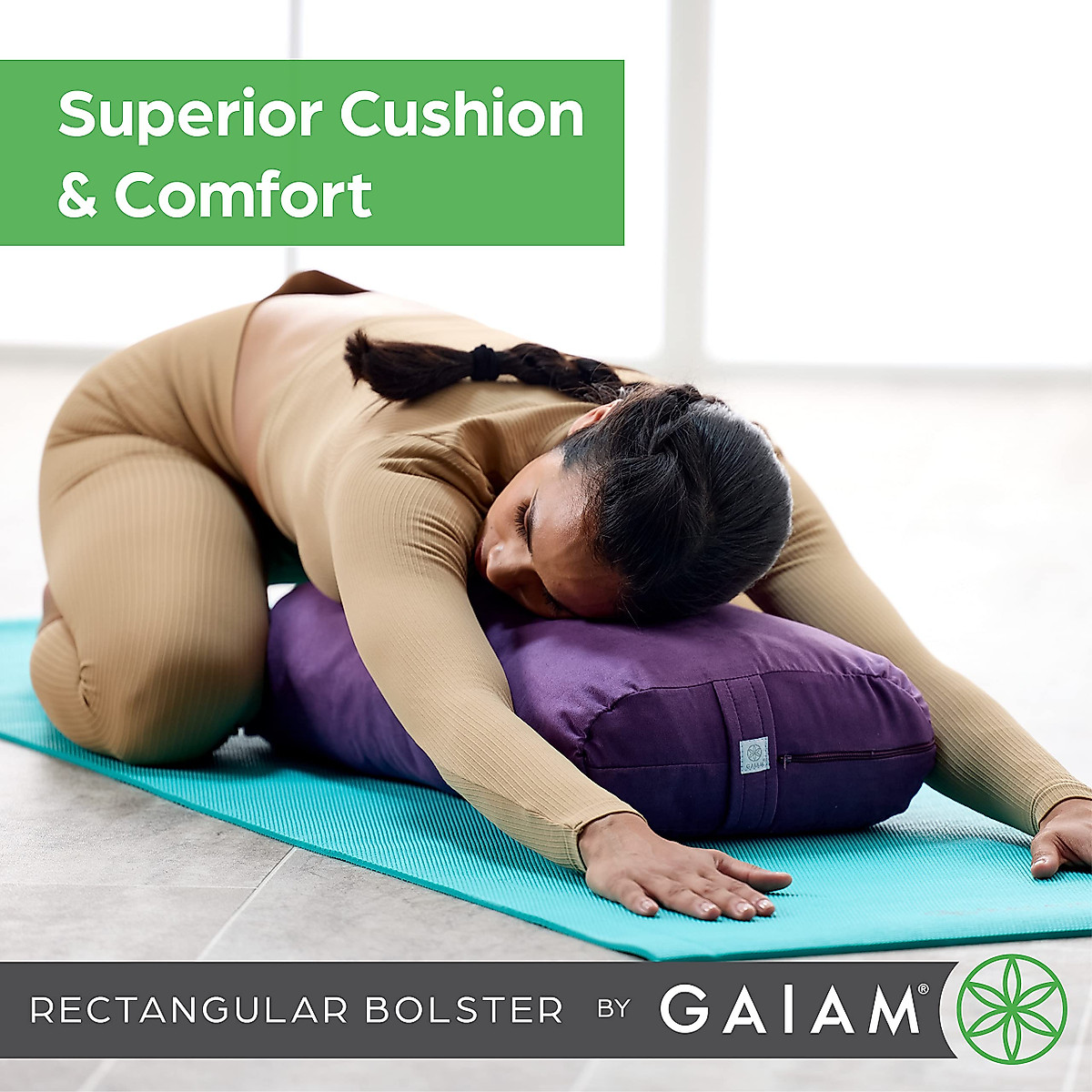 Gaiam Yoga Bolster - Long, Rectangular Meditation Pillow - Supportive Cushion for Restorative Yoga and Sitting on the Floor - Built-In Carrying Handle - Machine Washable Cover