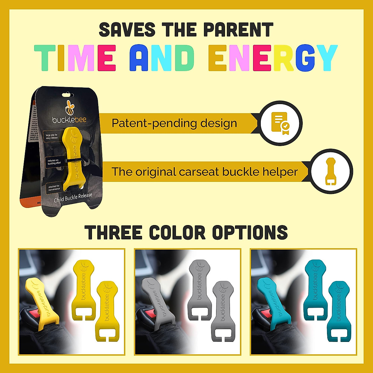 BUCKLEBEE Easy Car Seat Buckle Release Aid for Children Unbuckle Car Seat Release Tool - Car Seat Button Pusher - Car Seat Opener For Nails - Car Seat Buckle Release Tool (Yellow and Teal)