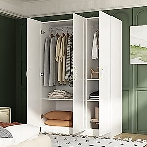 Homsee Large Wardrobe Armoire Wooden Closet with 3 Doors, 5 Storage Compartments, 2 Hanging Rods & Decorative Handles for Bedroom, White (47.2”L x 18.3”W x 69.7”H)