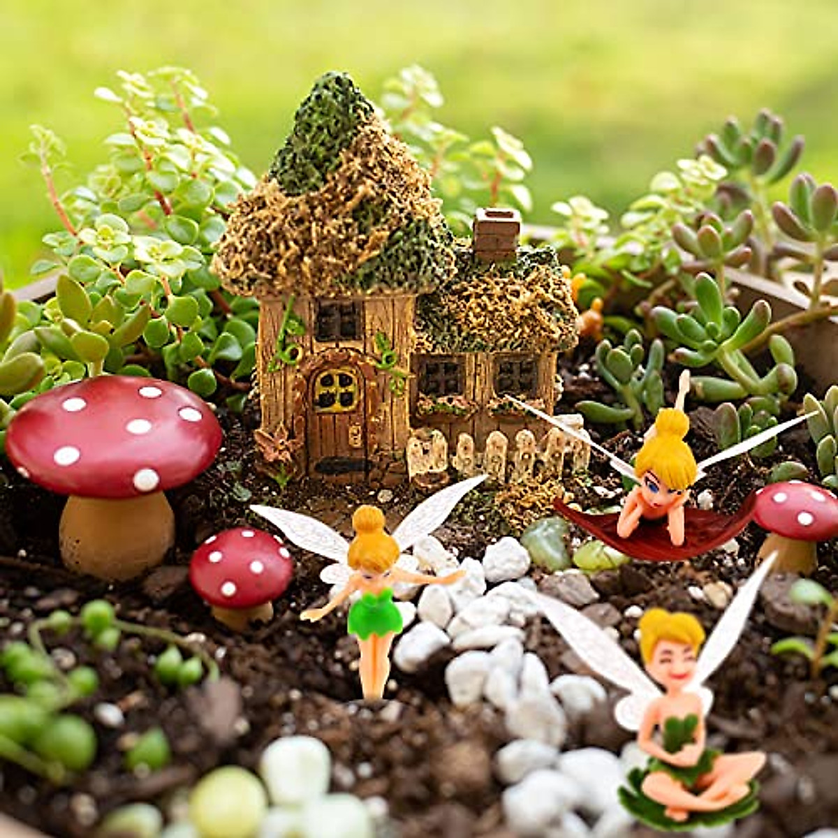 IYSHOUGONG 11 Pcs/Set Miniature Fairy Garden Ornament Table Chair Tea Cup Fairy Pixie Girl Fly Wing DIY Dollhouse Decor
