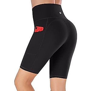 Ewedoos Biker Shorts Women Tummy Control Workout Shorts with 3 Pockets High Waisted Compression Gym Running Yoga Shorts Women Black