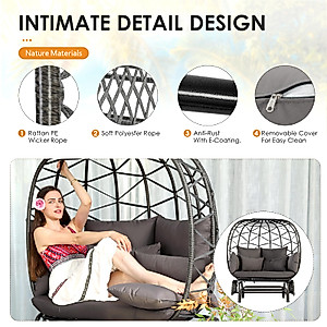 RADIATA Oversized Wicker Double Egg Chair w/ 7 Cushions 500lb Capacity Lounge Basket with Strong Heavy-Duty Steel Frame for Indoor Outdoor Patio Backyard Living Room (Gray)