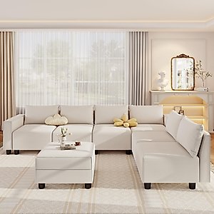 LLappuil Modular Sectional Sofa, Oversized Couches Convertible L Shaped Sofa for Living Room, 7 Seater Breathable Fabric Sofa with 6 Deep Seats and 1 Storage Ottoman, Washable, Removable, Beige