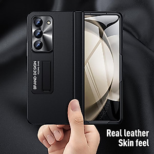 LEIAU for Samsung Galaxy Fold 5 Case: Luxury Genuine Leather case with Full Cover Hinge Protection & Screen Protector & Kickstand - Shockproof Protective Phone Case for Galaxy Z Fold 5 5G 2023 Black