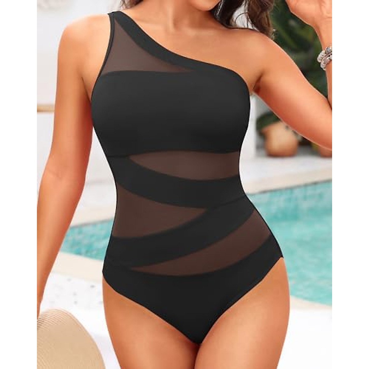 Tempt Me Black Women One Piece Swimsuit One Shoulder Bathing Suits Cutout Mesh Swimwear XL