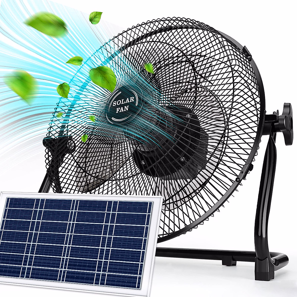 DBF Battery Operated Solar Fan, 2-in-1 Solar Panel Powered & AC Charger Powered 12 Speeds Portable Rechargeable Fan, 12'' Cordless High Velocity Floor Fan For Household, Camping, Travel, Outdoor