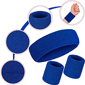 Bememo Striped Sweatbands Set - 2 Sports Headbands and 4 Wristbands for Men and Women (Blue, 6 Pieces)