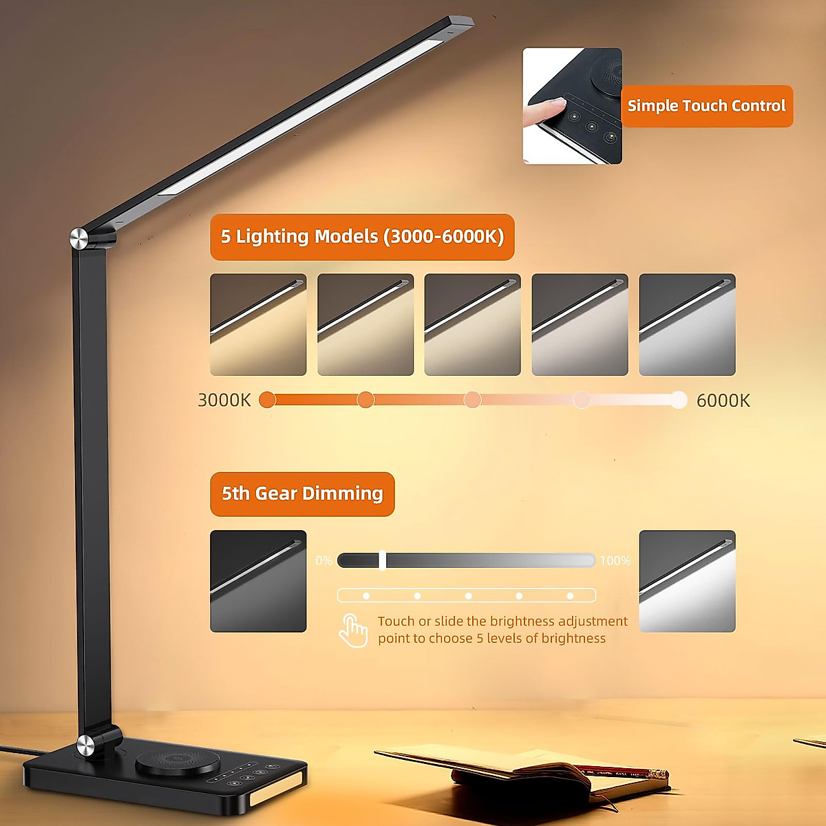 GTIMLMC Desk Lamp with Wireless Charger, LED Table Lamps for Home Office, USB Charging Port, Blue and Warm Bedside Night Light, Touch Dimmable, Eye-Caring, Timer, with Adapter, Black