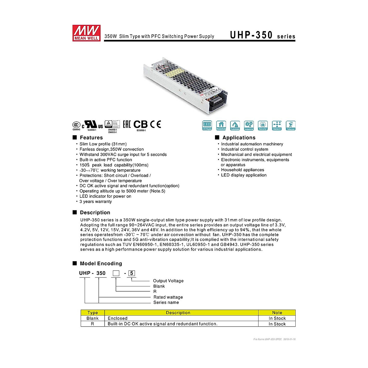 MEAN WELL UHP-350 350W Slim Type with PFC Switching Power Supply (UHP-350-5)