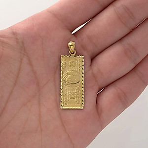 LoveBling 10K Yellow Gold Hundred Dollar Bill, Benjamin Franklin, Back to Back Charm Pendant (1.45" x 0.47")