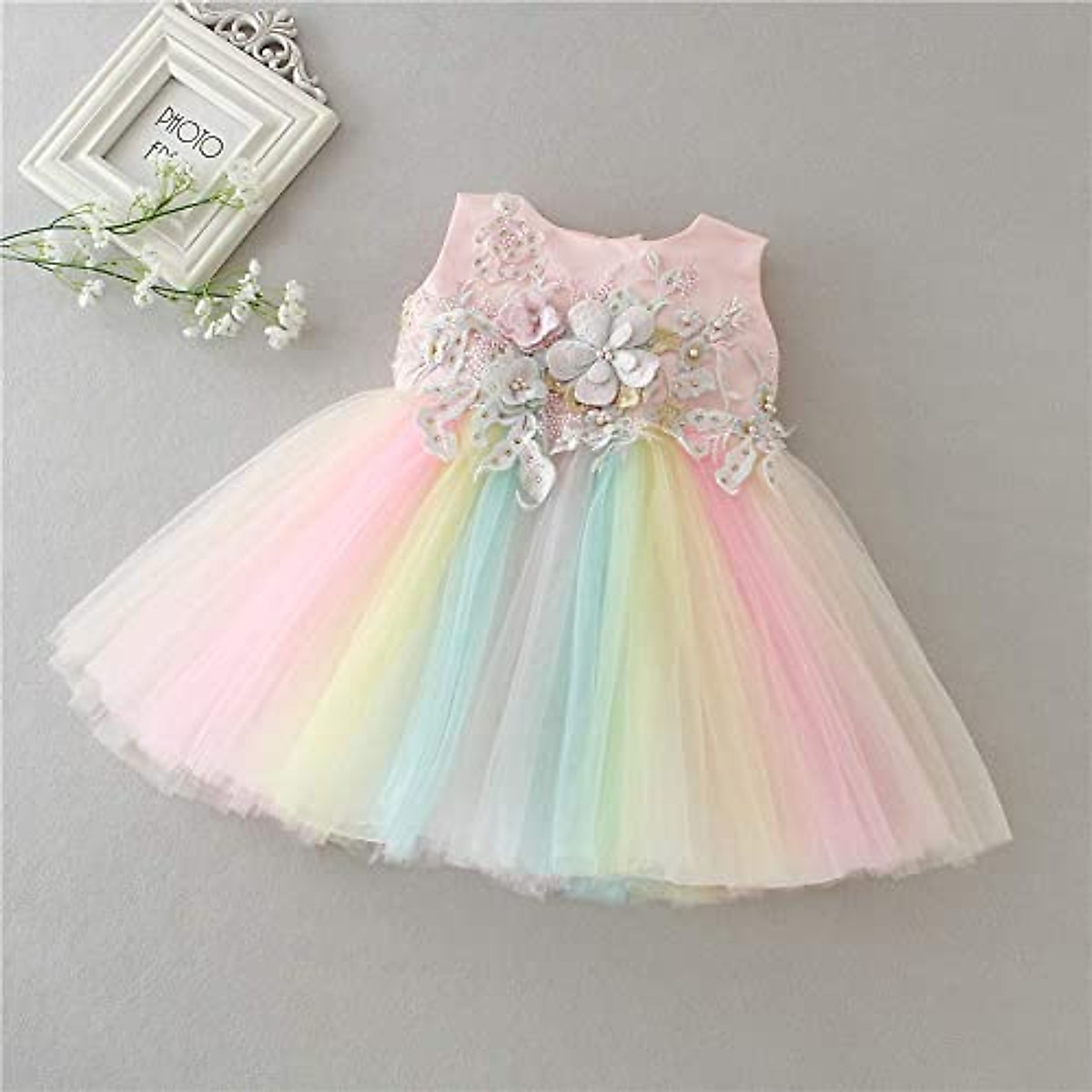 Meiqiduo Baby Girls Dress Infant Christening Birthday Wedding Bridesmaid Party Lace Tulle Flower Dresses (3M/0-6Months, Multicoloured)