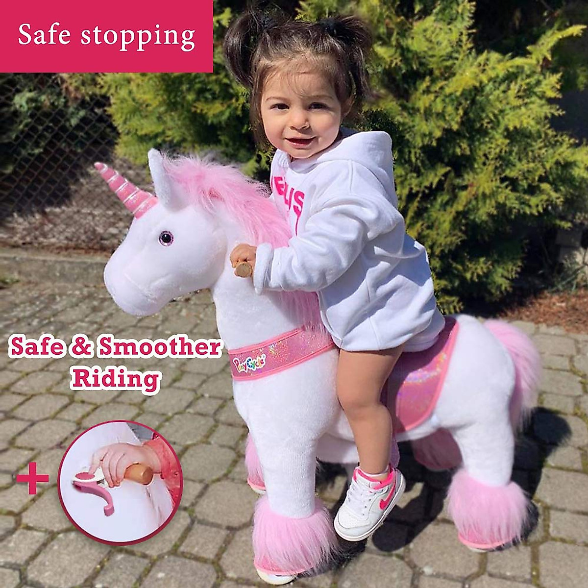 PonyCycle Model U-2021 Ride on White Horse Pink Unicorn Toy Plush Walking Animal Small Size for Age 3-5 Ux302