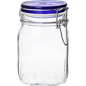 Bormioli Rocco Fido Square Jaw with Blue Lid, 33-3/4-Ounce, 33.75 Ounce, Clear