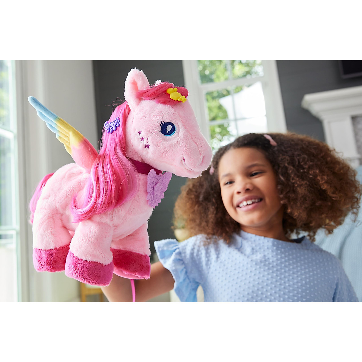 Barbie A Touch of Magic Stuffed Animals, Walk & Flutter Pegasus Plush, 11-Inch Walking Plushie with Hair Accessories and Sound Feature