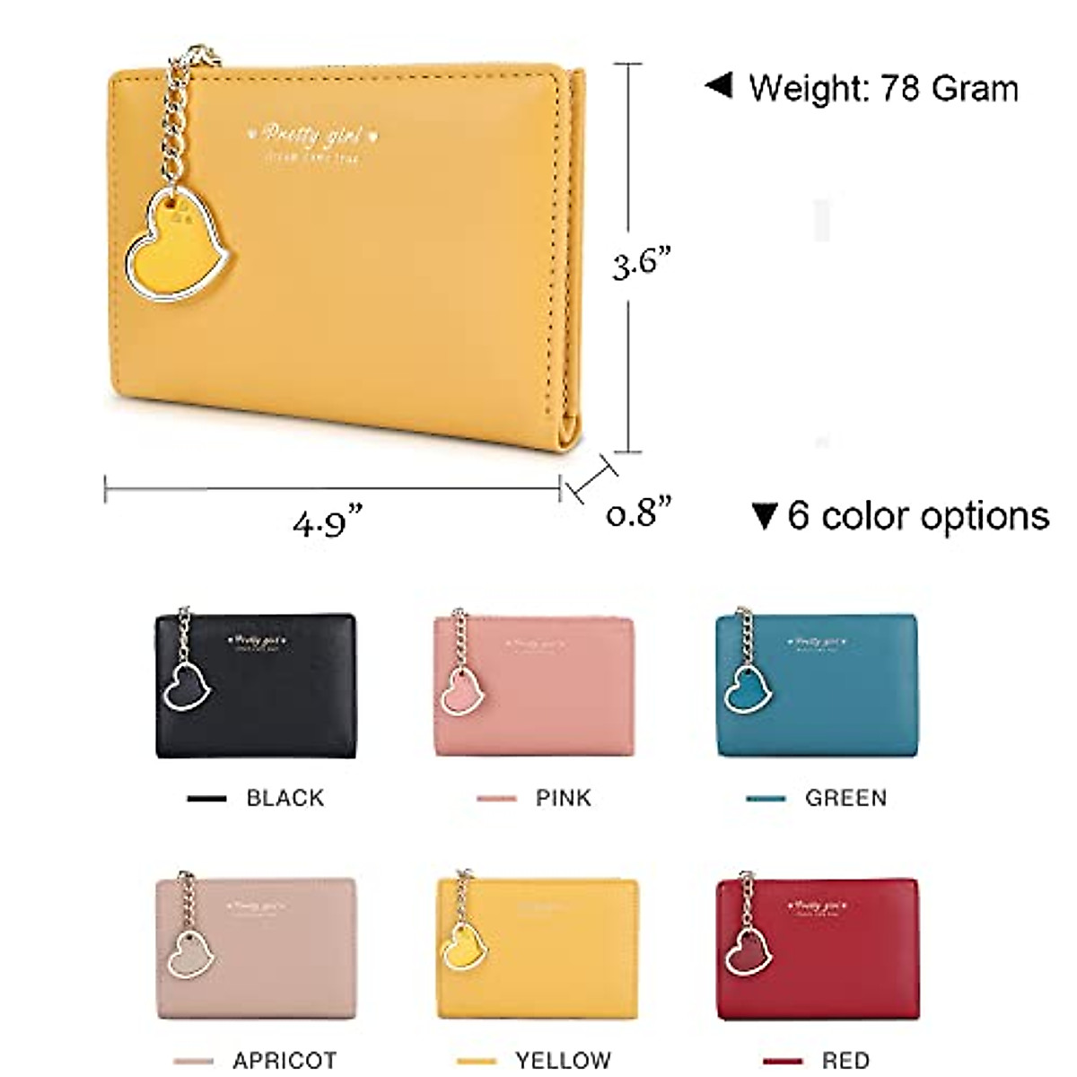 Sunwel Fashion Small Wallet with Heart Pendant Bifold Wallet Zipper Pocket Cash Card Holder Coin Purse for Women Girls (PINK, HEART CHARM)