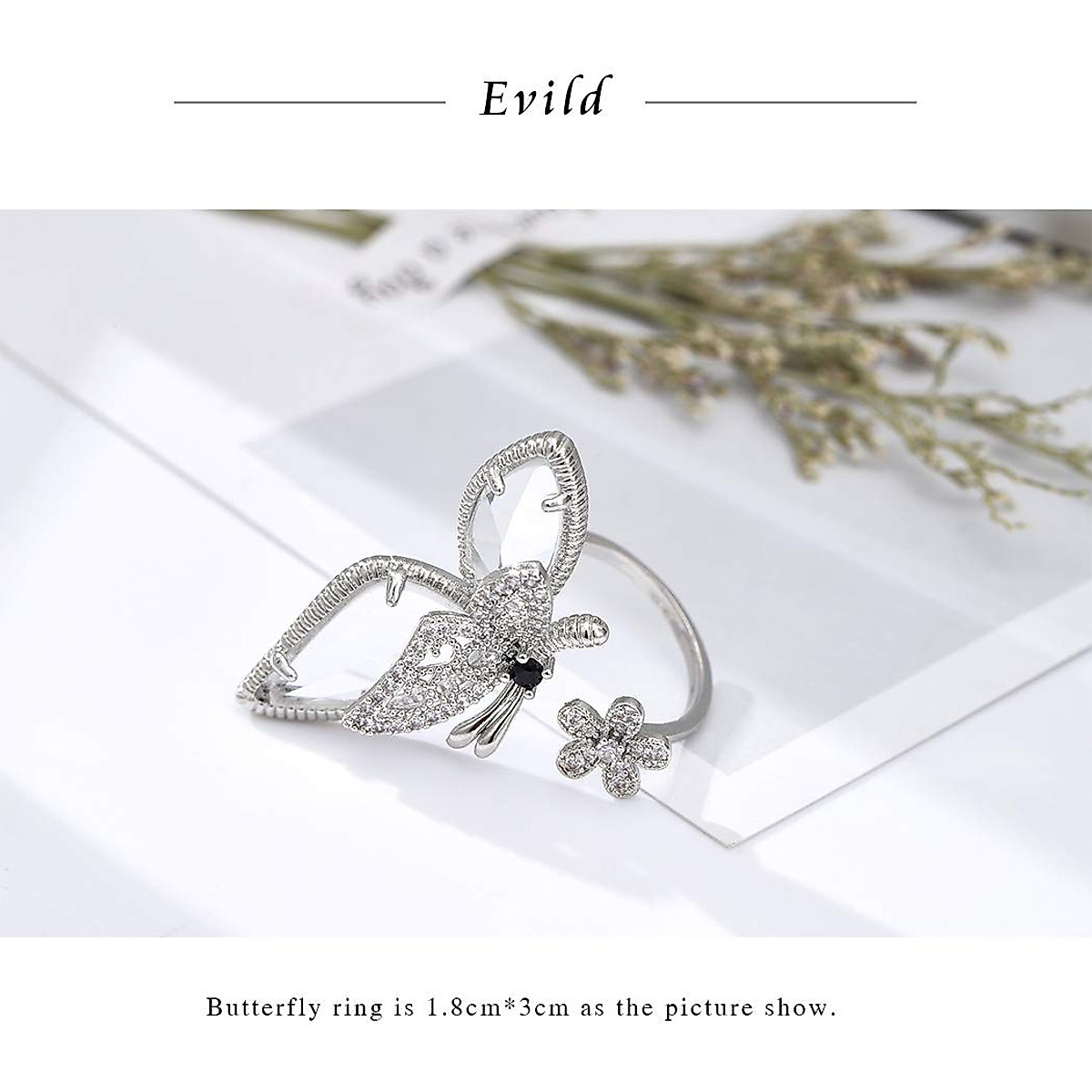 EVILD Rhinestone Butterfly Ring Bow-Knot Knuckle Ring Adjustable Open Ring Expandable Joint Ring for Women (A)