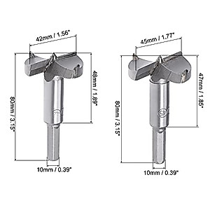 uxcell Forstner Wood Boring Drill Bits Set 42mm Dia. & 45mm Dia. Hole Saw Carbide Tip Hexagon Shank Cutting for Hinge Plywood MDF CNC Tool