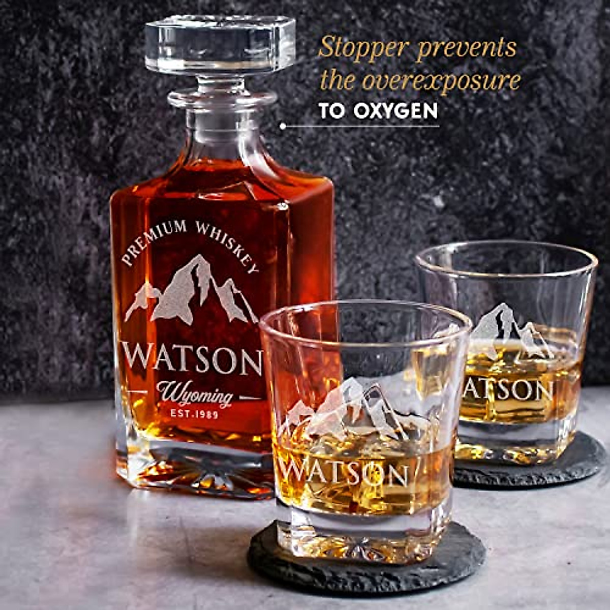 Decanter Set with Glasses Personalized, 3 PC - 25 Icon Options, Engraved Liquor, Whiskey Decanter Set with State Name, Last Name & Date, Classy Gifts for Men, Dad, Husband, Anniversary