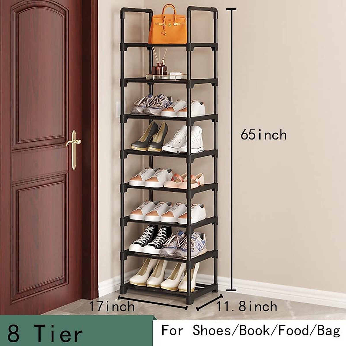 Tianle 8 Tier Tall Shoe Rack for Closet Entryway, Metal Sturdy Shoe Shelf Storage Organizer, Vertical Small Space Large Capacity for 16 Pairs of Shoes (8 Tier)