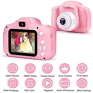 hyleton Kids Selfie Camera Digital,Child Toddler Video Camera Toys for 3 4 5 6 7 8 9 Year Old,Christmas Birthday Gift for Age 3-8 Girls/Boys with 32GB SD Card (Pink)